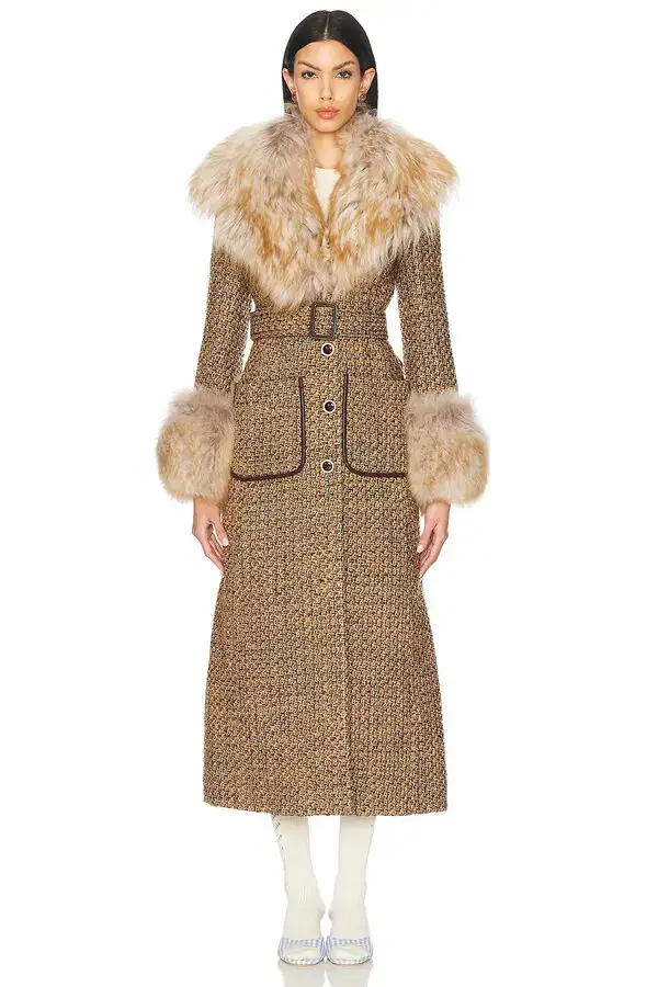 Valentino Garavani Fantasy Tweed Fur Trimmed Coat In Marrone